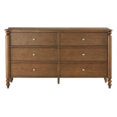 Dover 6 Drawer Dresser with Spool Detail Brass Knobs in Solid Oak