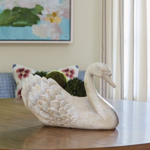 Swan Bowl Centerpiece with Artisan Crafted Feather Details & Matte Finish
