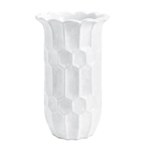 Honeycomb Vase Handmade Terra Cotta with Whitewash Glaze & Scalloped Top