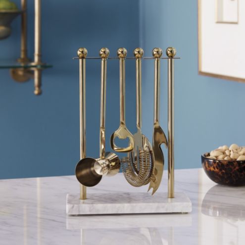 Graham Bar Tool 4 Piece Set with Marble Base & Gold Finish Stainless Steel
