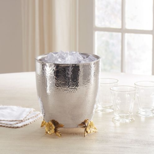 Floral Footed Ice Bucket with Hand Hammered Stainless Steel & Brass Details