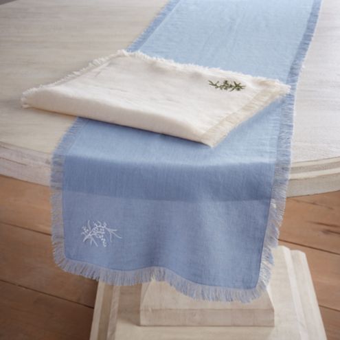 Fringed Embroidered Table Runner with Floral Accents & Linen Texture