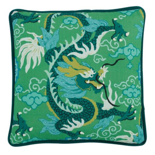 Jia Dragon Pillow Cover Blue/Green with Chinoiserie Design & Mini Flange