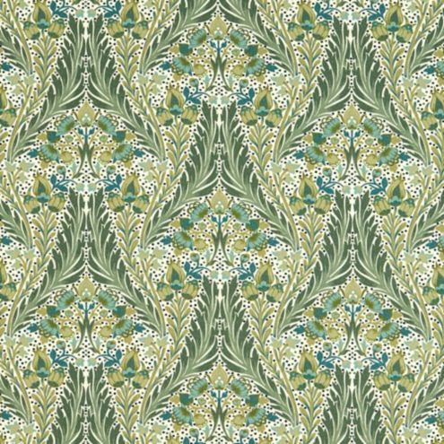 Evie Green Arts & Crafts Style Cotton Fabric with Acanthus & Floral Design
