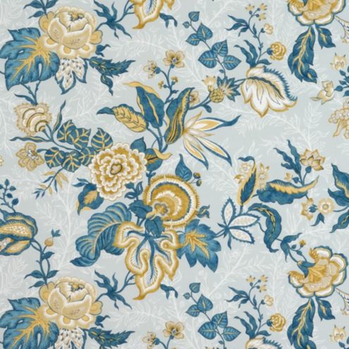 Welling Blue Linen Cotton Blend Fabric & French Blue Floral Design