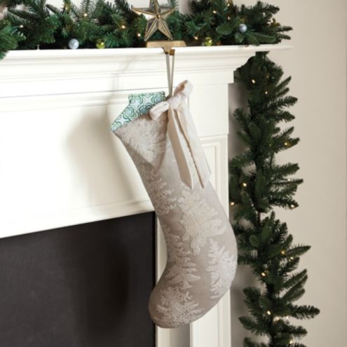 Embroidered Stocking with Ivory Flocked Trees & Velvet Bow Accent