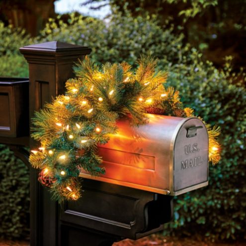 Ballard Classic Prelit Greenery Mailbox Swag with Pinecones & White Lights