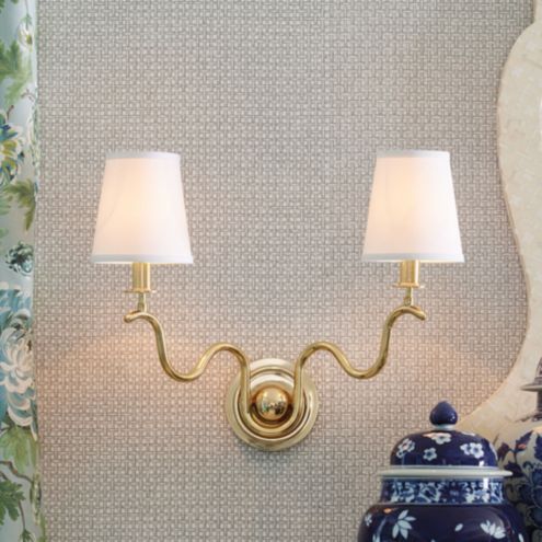 Giles 2 Light Handmade Brass Wall Sconce with Grasscloth Drum Shade Fixture