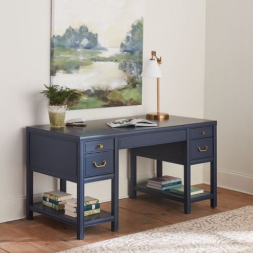 Aman Modern Kneehole Writing Table Desk with Drawers Navy Blue