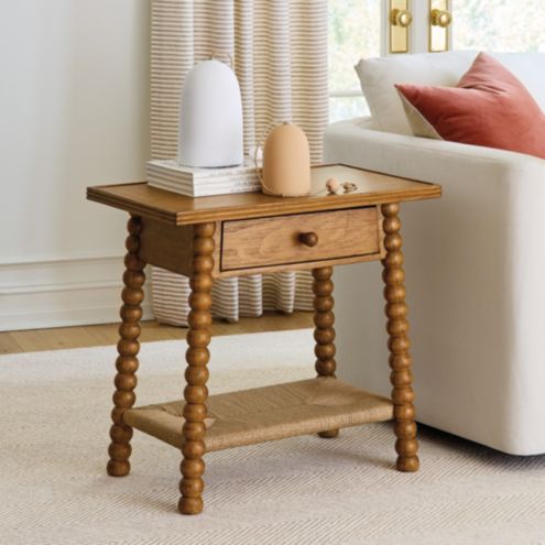 Arbor Wood Side Table with Spool Legs & Drawer