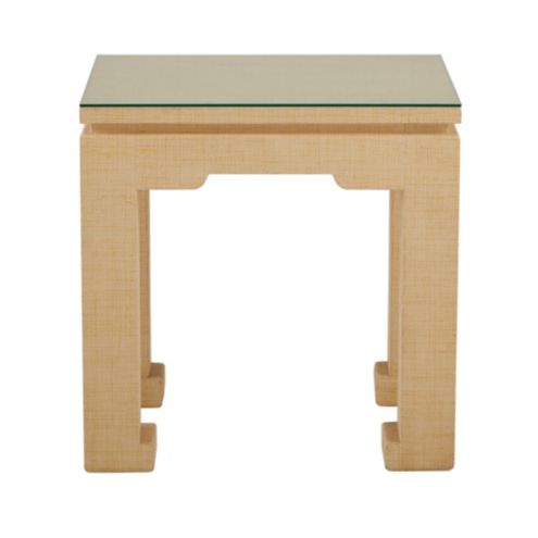 BW Raffia Side Table with Glass Topper & Horseshoe Feet