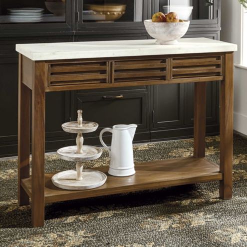 Parisian Open Shelf Kitchen Island Wood & Iron Base with Marble Top