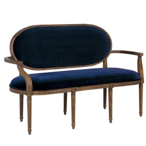 Louis XVI Blue Velvet Upholstered Oval Bench Walnut