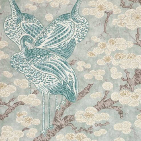 Brevard Wallpaper with Teal Cranes & Garden Florals for Serene Room ...